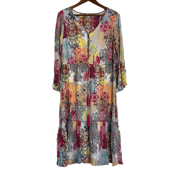 Reba | Dresses | Reba Boho Floral Tiered Tassel And Bell Sleeve Dress M ...